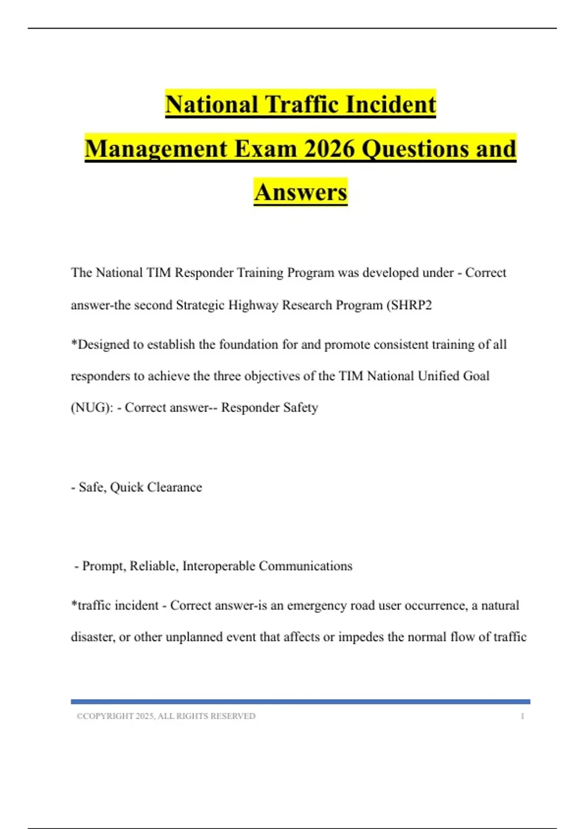 National Traffic Incident Management Exam 2026 Questions and Answers ...