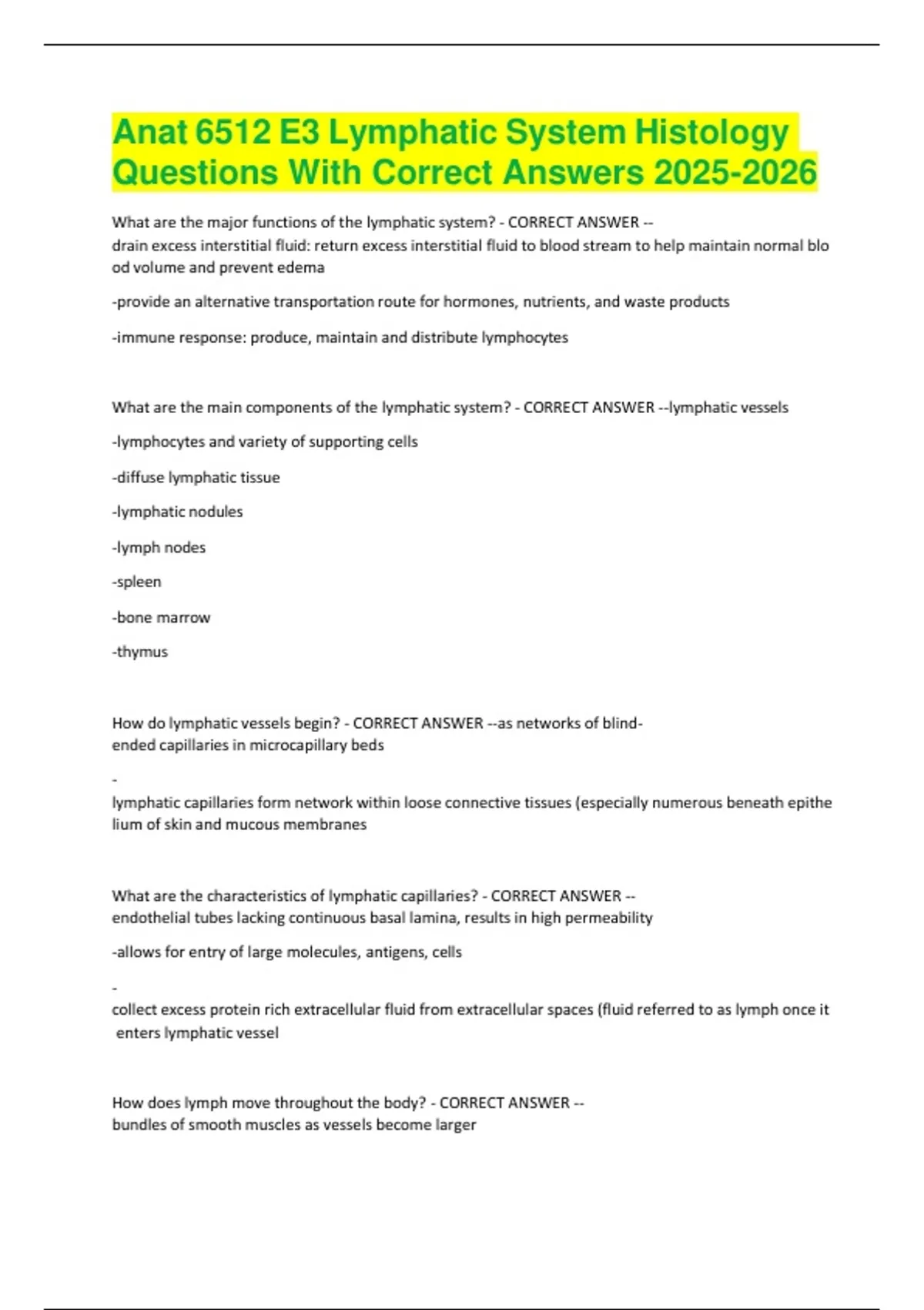 Anat 6512 E3 Lymphatic System Histology Questions With Correct Answers ...