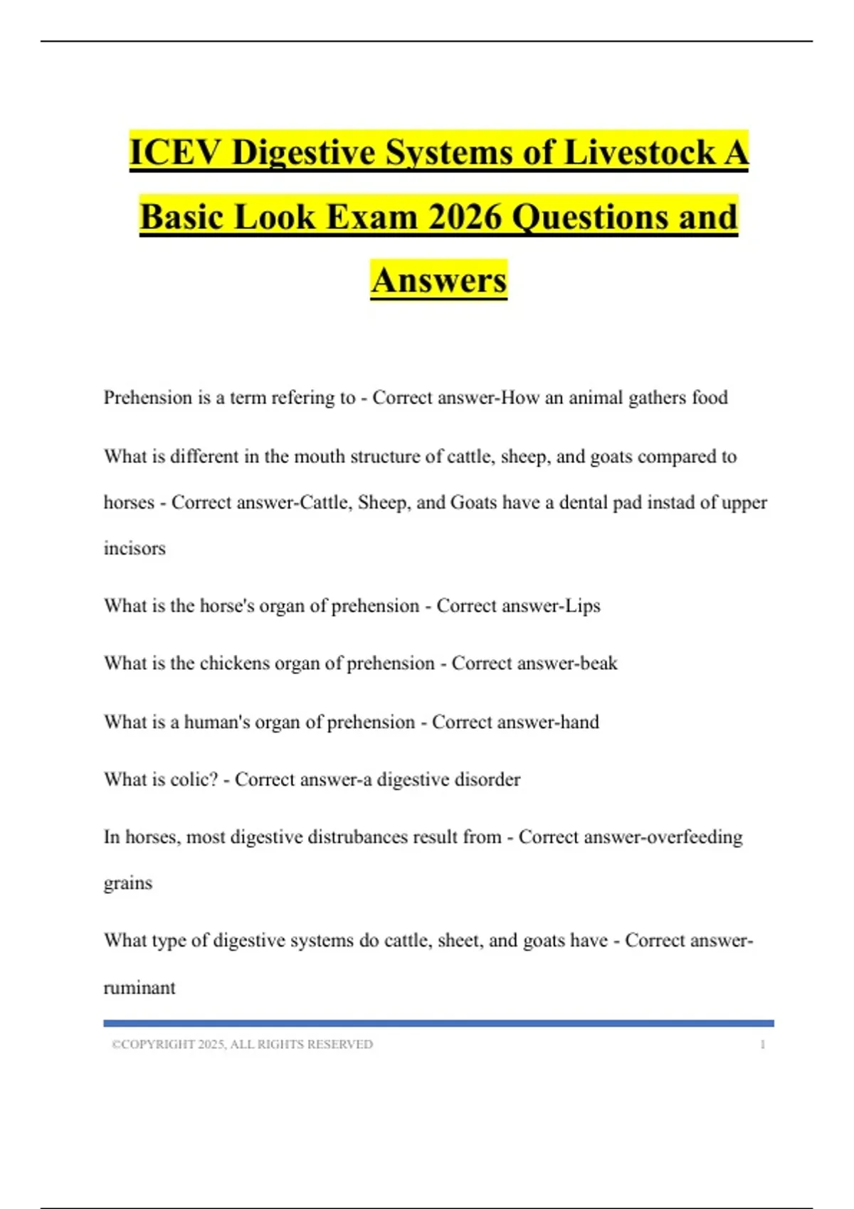 ICEV Digestive Systems of Livestock A Basic Look Exam 2026 Questions ...