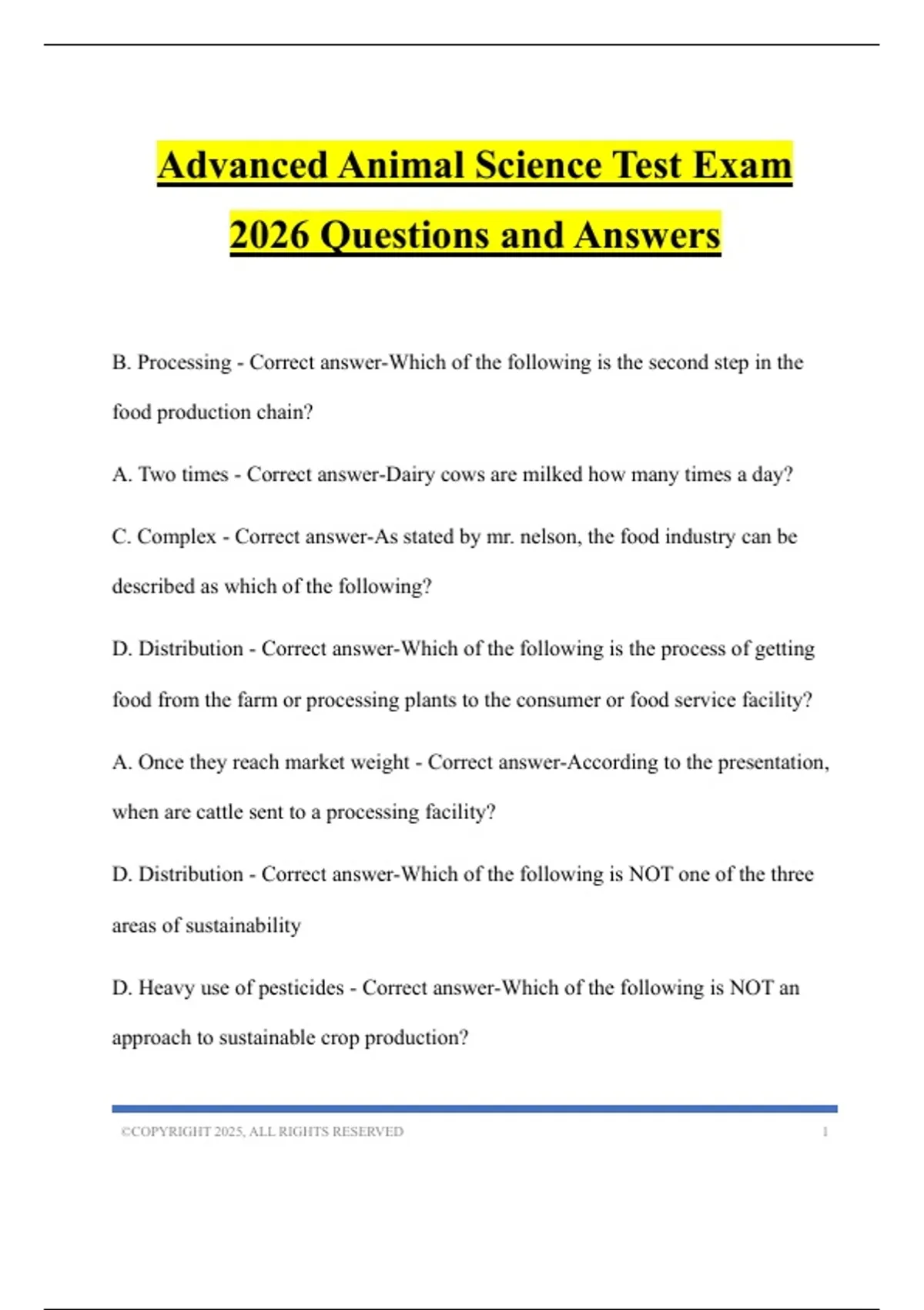 Advanced Animal Science Test Exam 2026 Questions and Answers - Basic ...