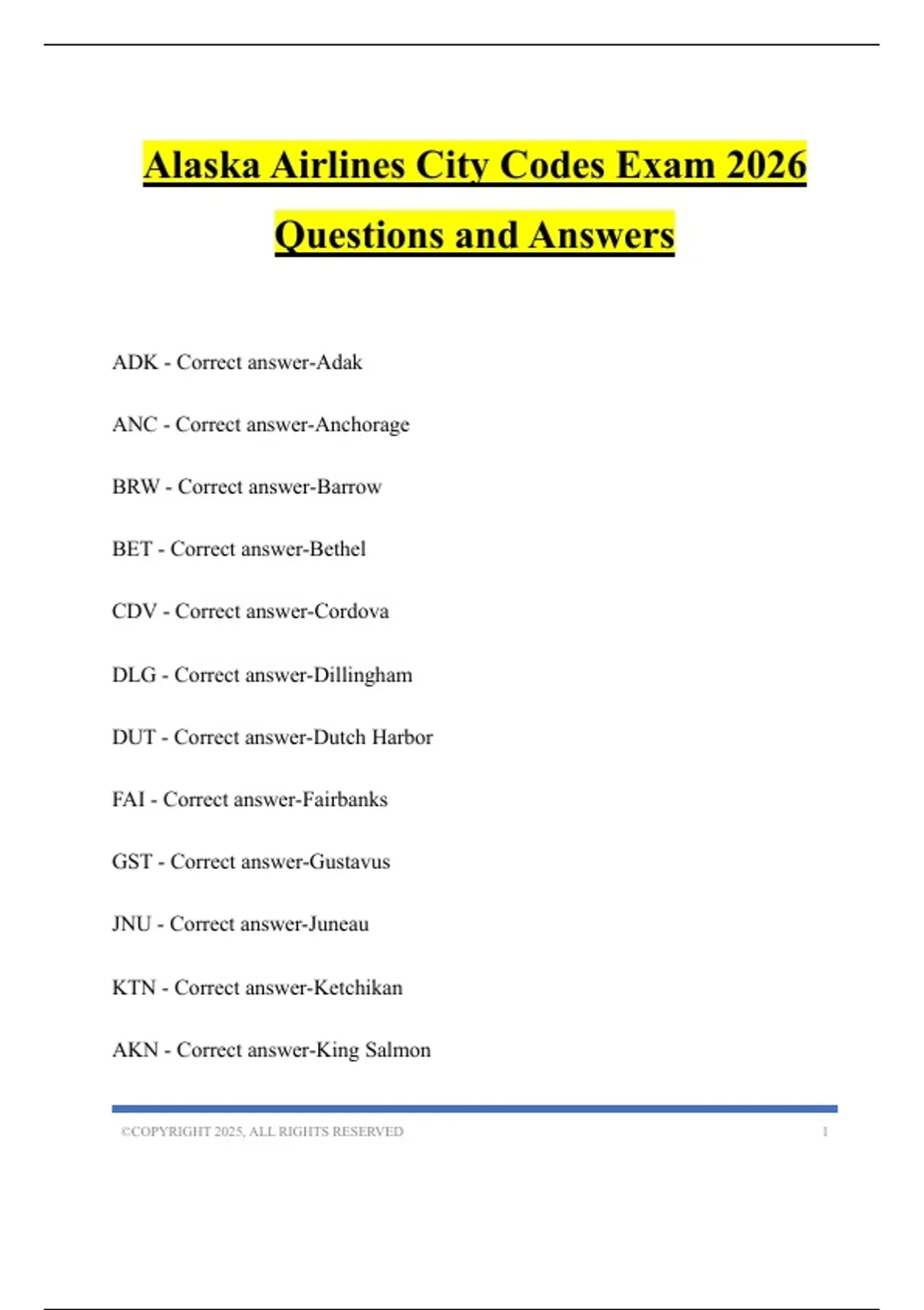 Alaska Airlines City Codes Exam 2026 Questions and Answers - Alaska ...