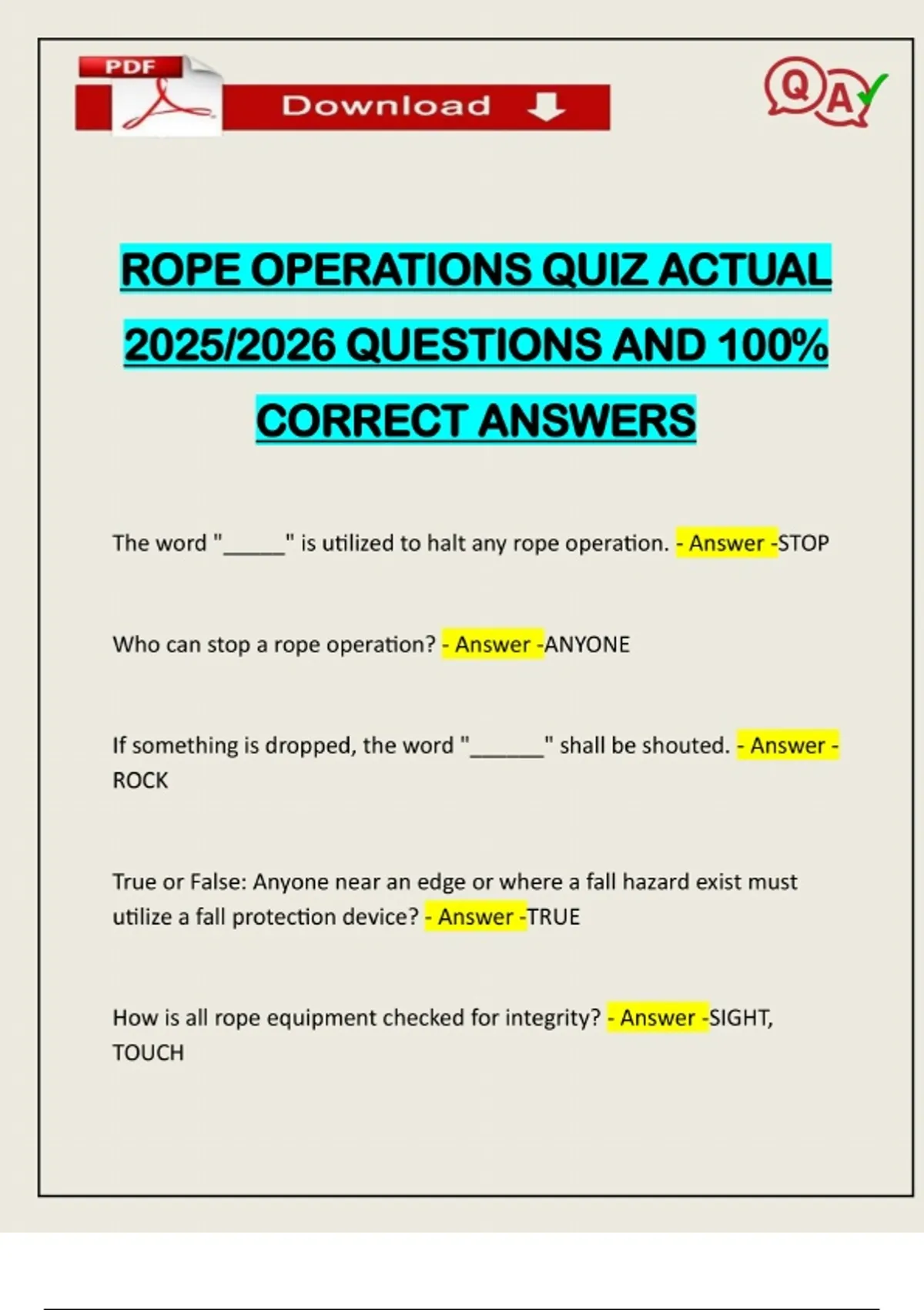 ROPE OPERATIONS QUIZ ACTUAL 2025/2026 QUESTIONS AND 100% CORRECT ...