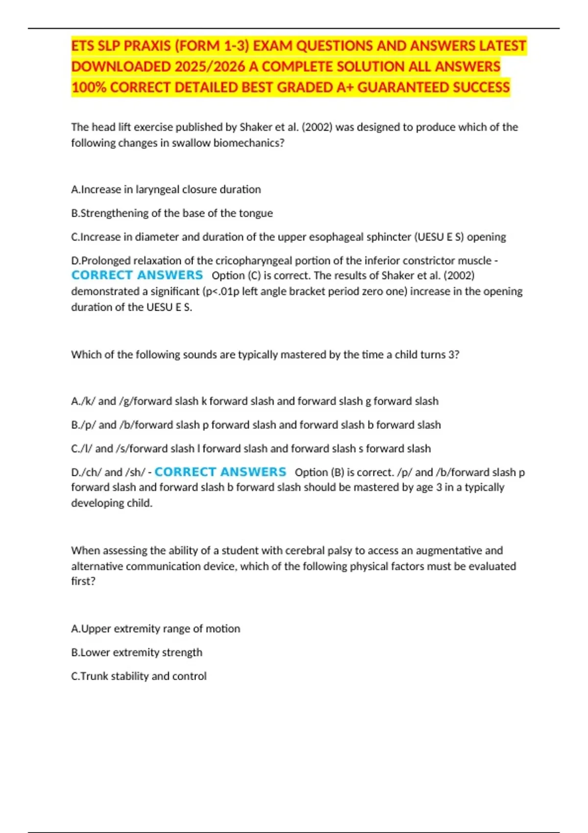 ETS SLP PRAXIS (FORM 1-3) EXAM QUESTIONS AND ANSWERS LATEST DOWNLOADED ...