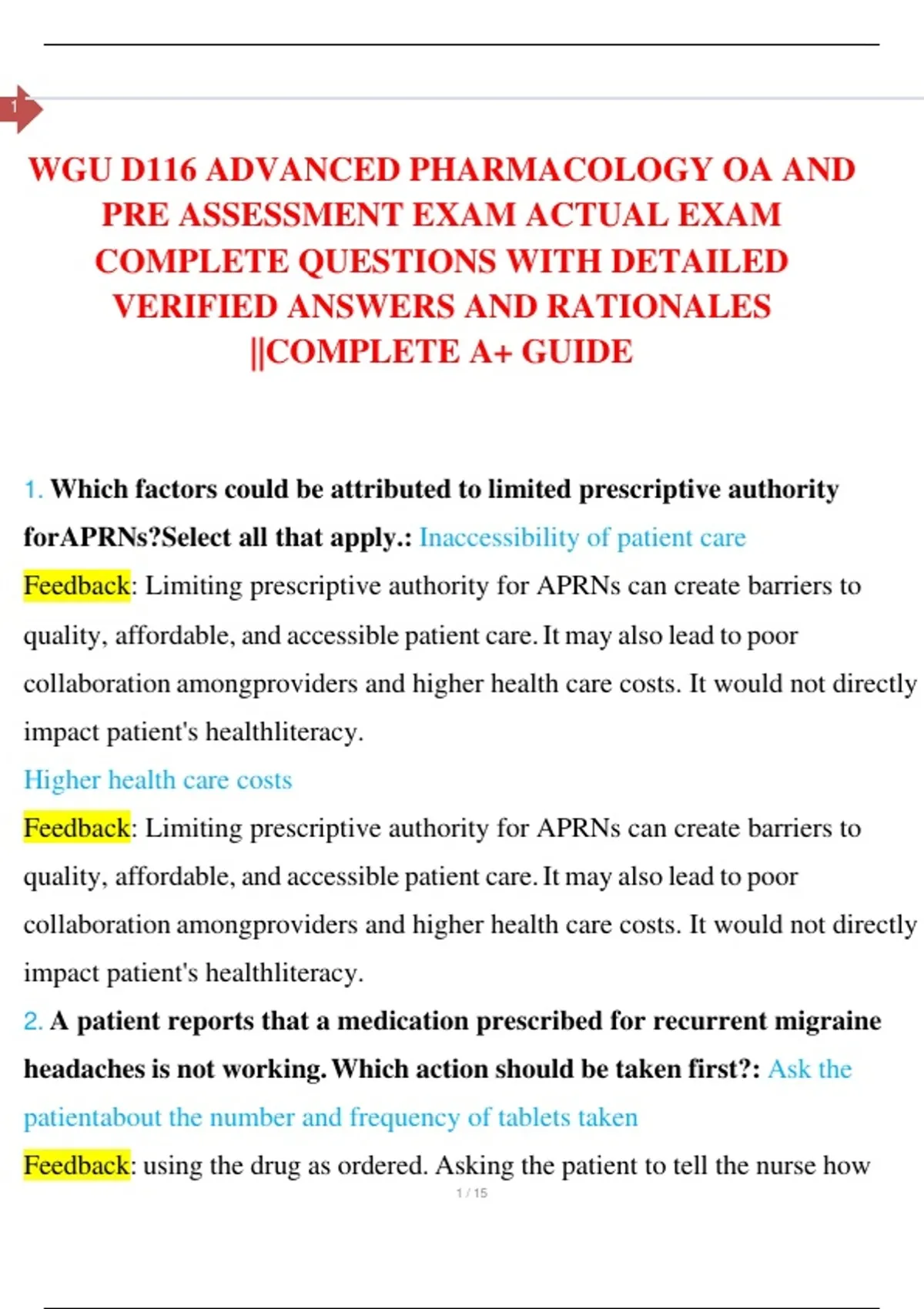 WGU D116 Advanced Pharmacology OA and Pre Assessment Exam Actual Exam ...