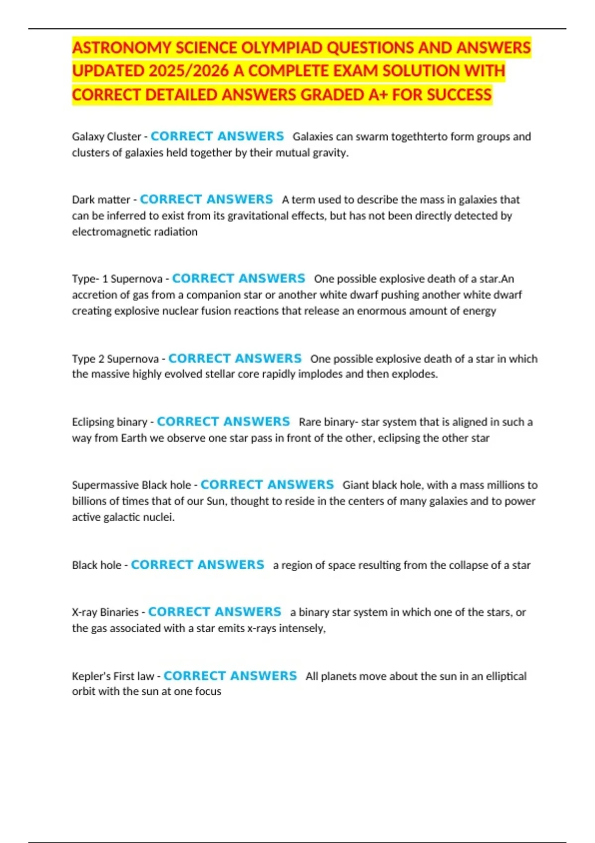 ASTRONOMY SCIENCE OLYMPIAD QUESTIONS AND ANSWERS UPDATED 2025/2026 A ...