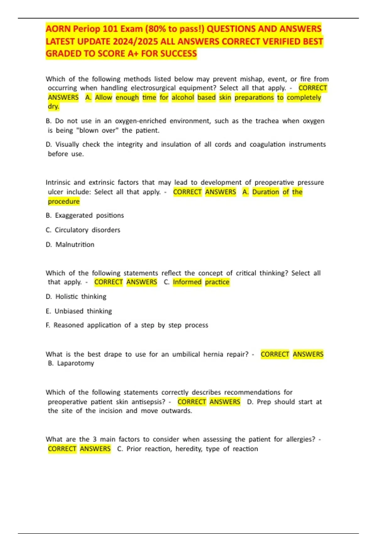 AORN Periop 101 Exam | Questions & Correct Answers | Latest 2024/2025 ...