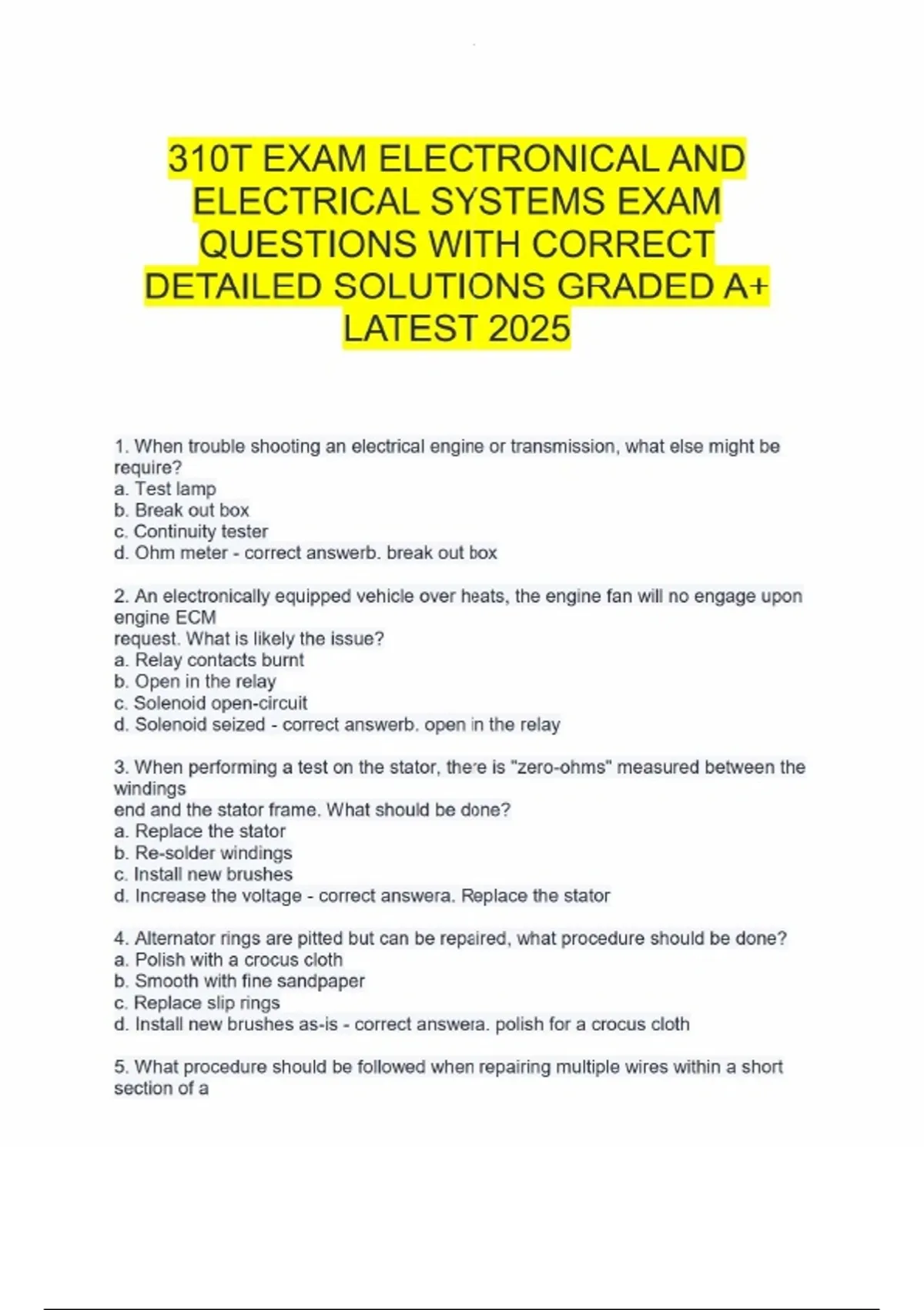 310T EXAM ELECTRONICAL AND ELECTRICAL SYSTEMS EXAM QUESTIONS WITH ...