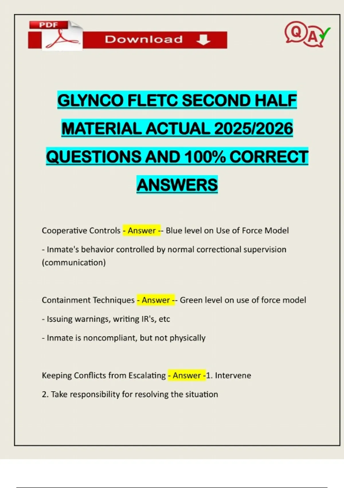 GLYNCO FLETC SECOND HALF MATERIAL ACTUAL 2025/2026 QUESTIONS AND 100% ...