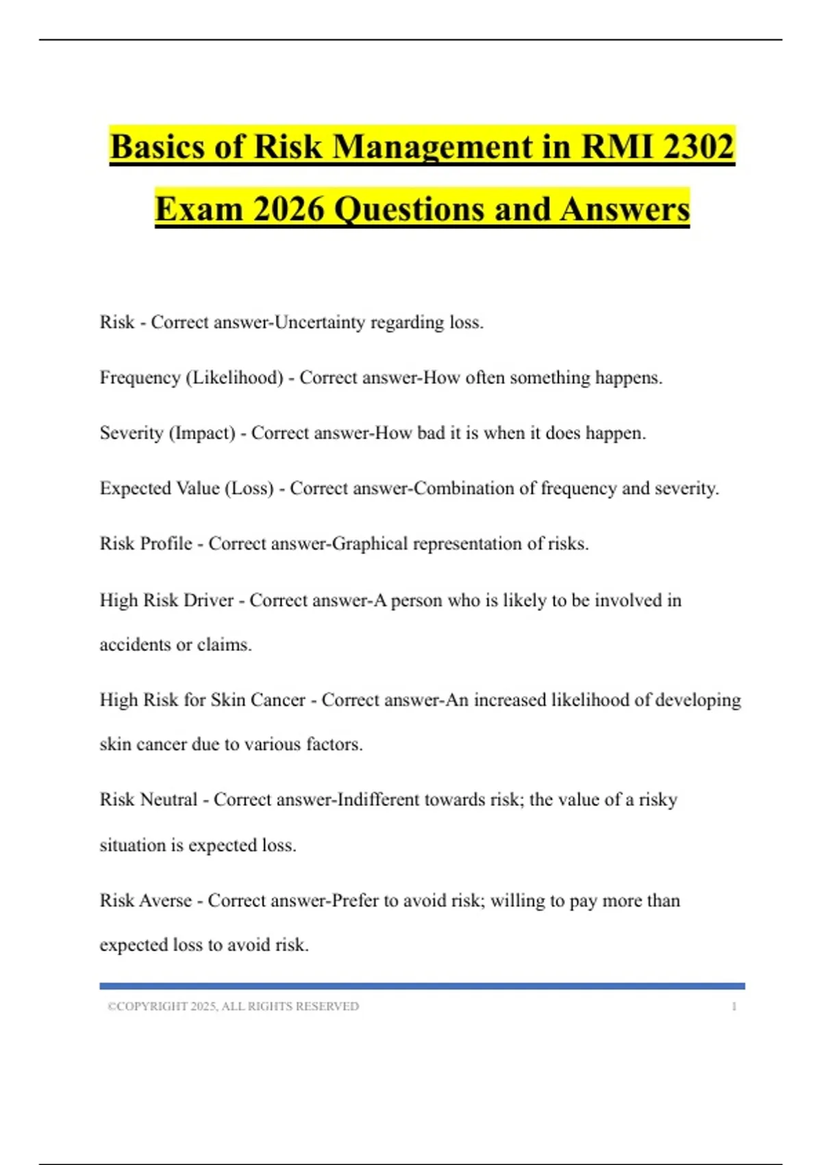 Basics of Risk Management in RMI 2302 Exam 2026 Questions and Answers ...