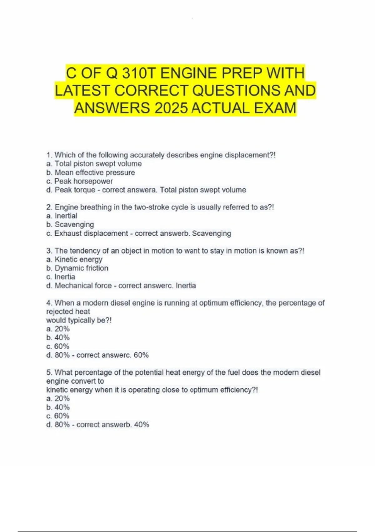 C OF Q 310T ENGINE PREP WITH LATEST CORRECT QUESTIONS AND ANSWERS 2025 ...