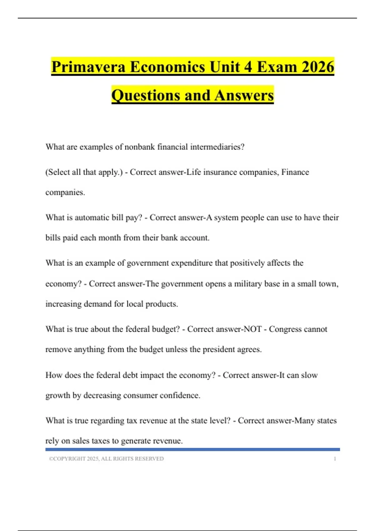 Primavera Economics Unit 4 Exam 2026 Questions and Answers - Primavera ...