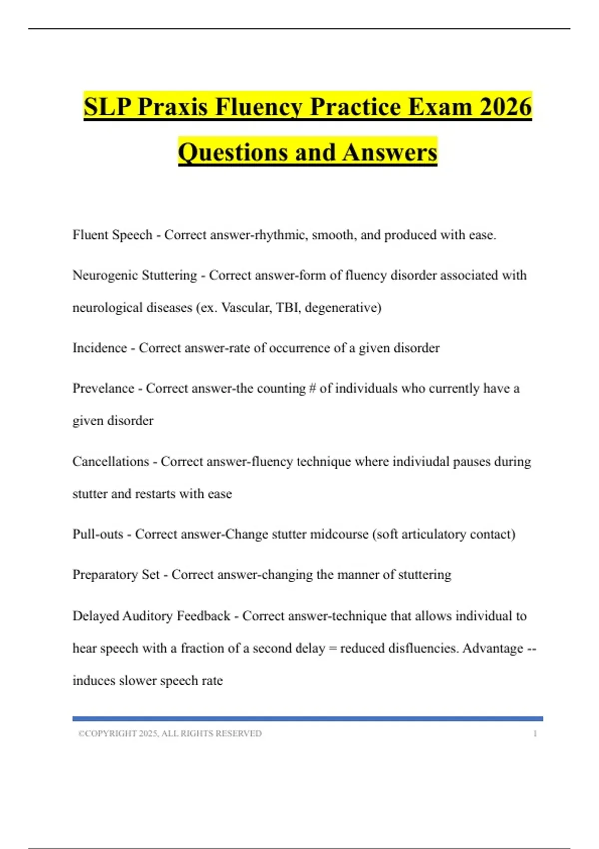 SLP Praxis Fluency Practice Exam 2026 Questions and Answers - SLP ...