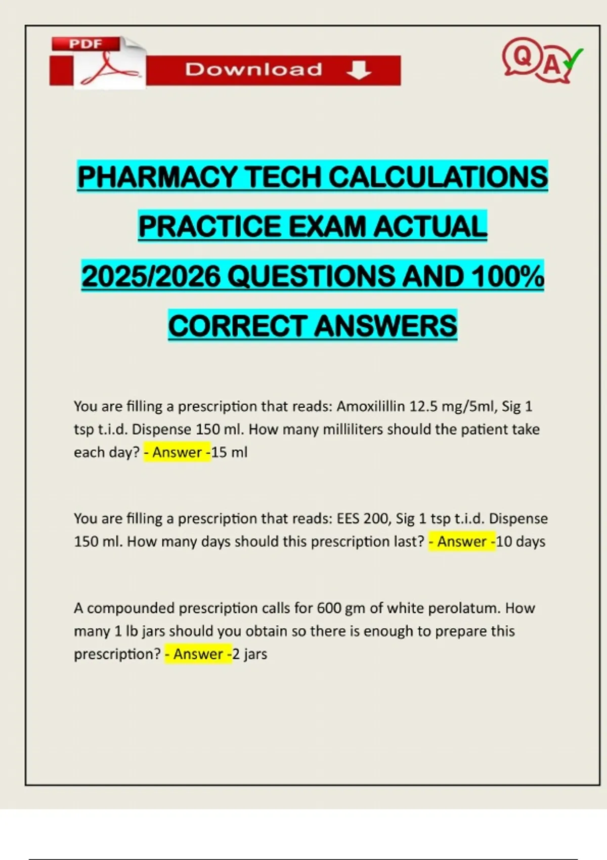 PHARMACY TECH CALCULATIONS PRACTICE EXAM ACTUAL 2025/2026 QUESTIONS AND ...