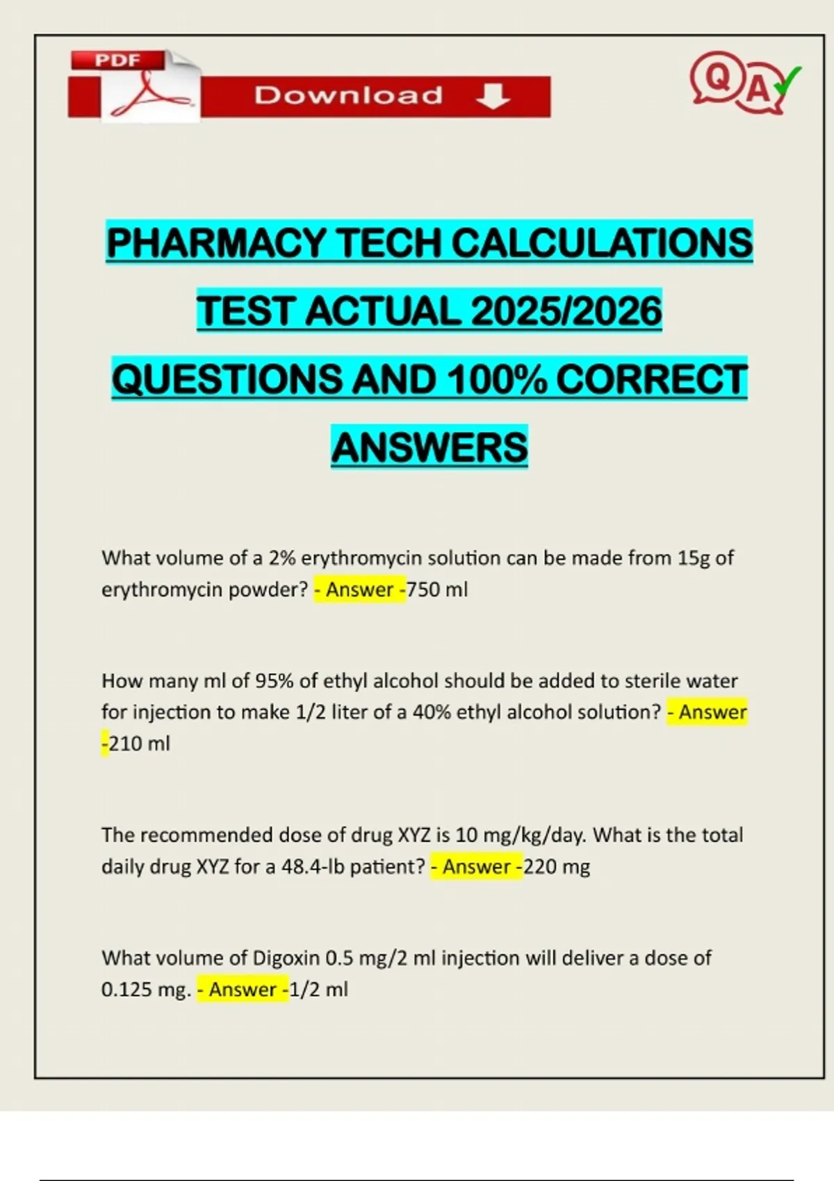 PHARMACY TECH CALCULATIONS TEST ACTUAL 2025/2026 QUESTIONS AND 100% ...