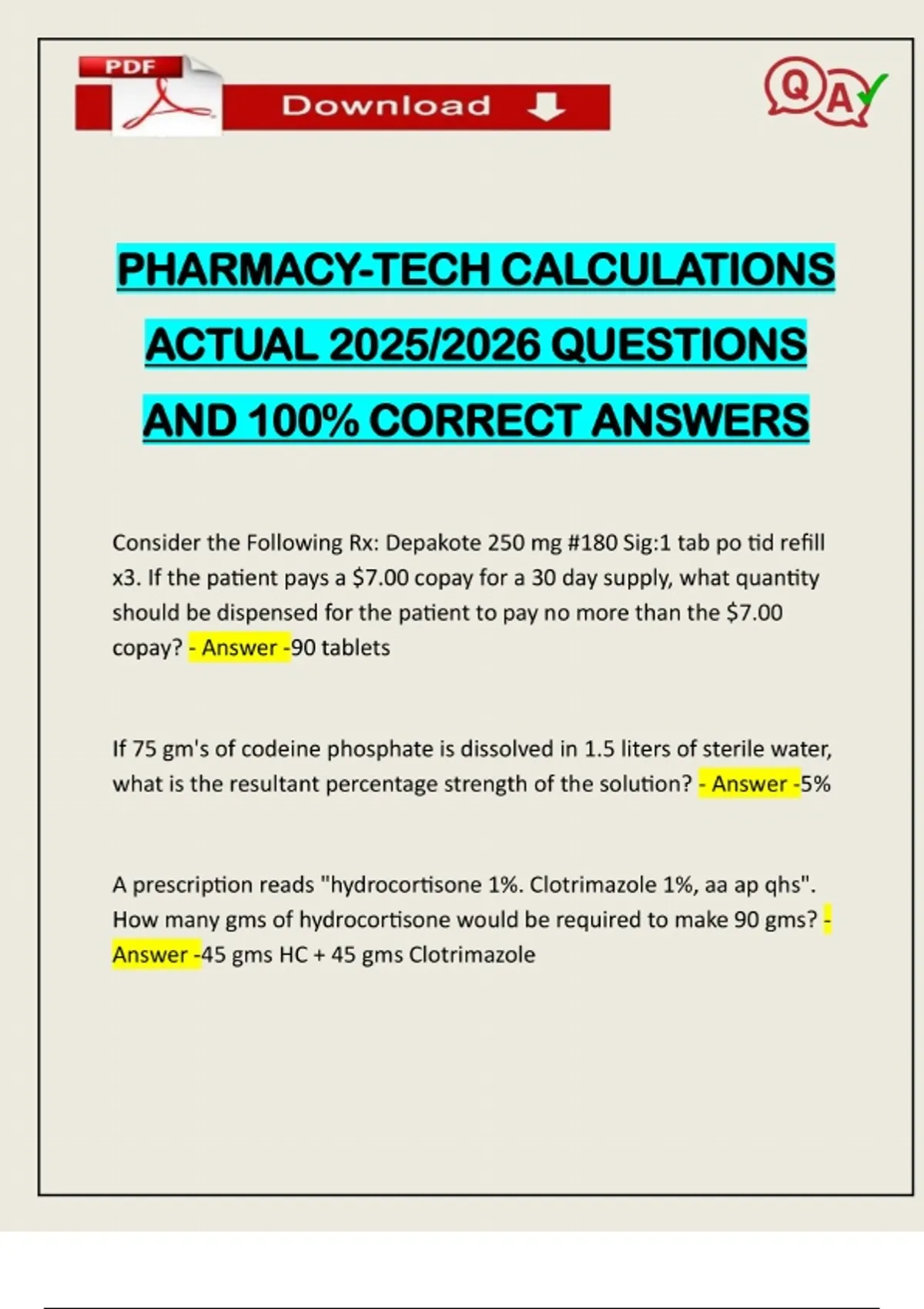 PHARMACY-TECH CALCULATIONS ACTUAL 2025/2026 QUESTIONS AND 100% CORRECT ...