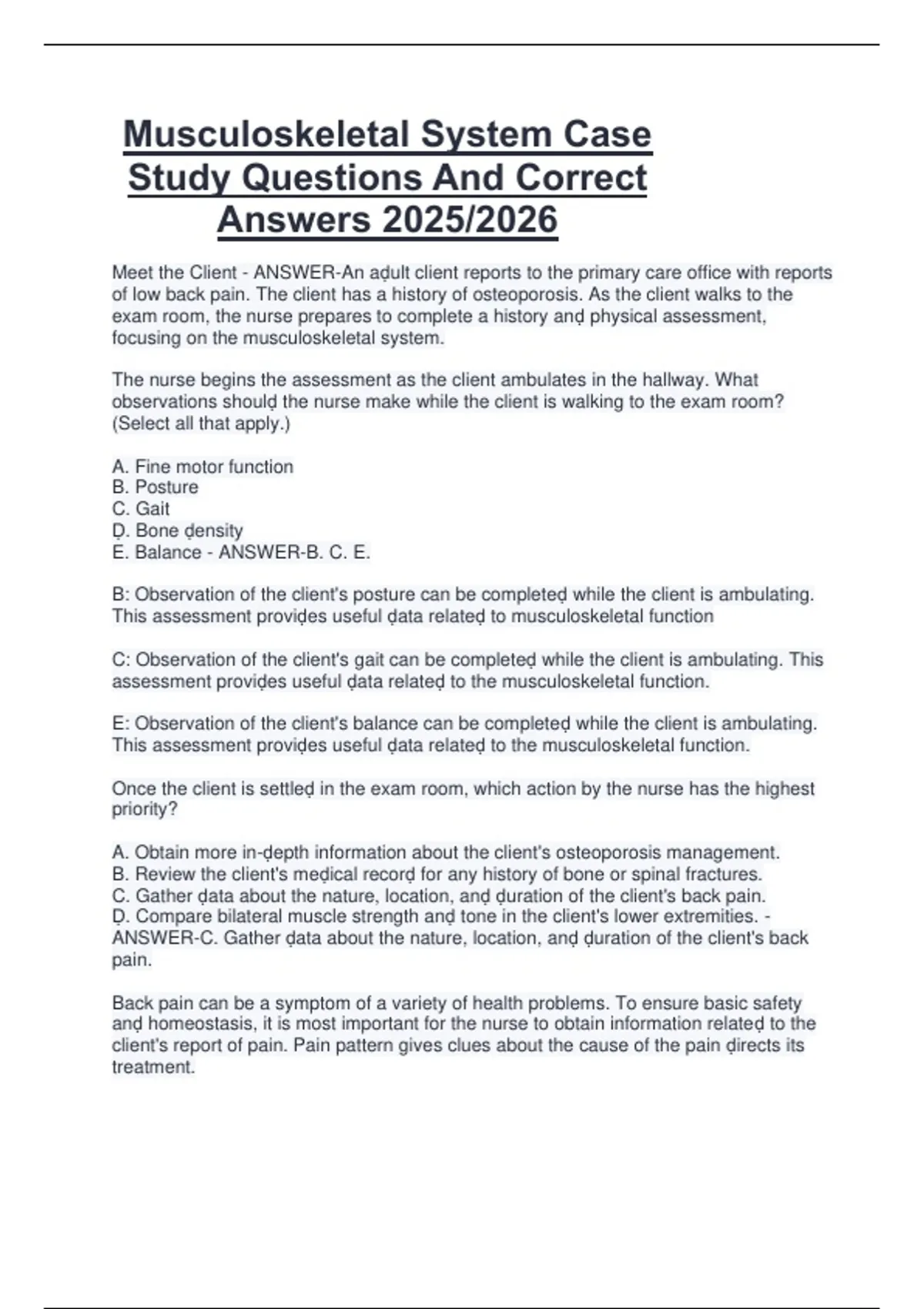 Musculoskeletal System Case Study Questions And Correct Answers 2025/ ...