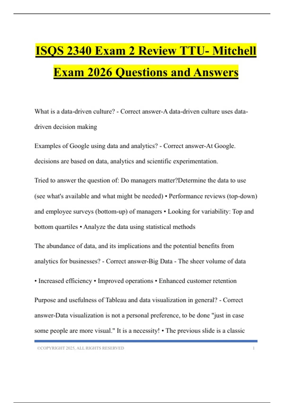 ISQS 2340 Exam 2 Review TTU- Mitchell Exam 2026 Questions and Answers ...