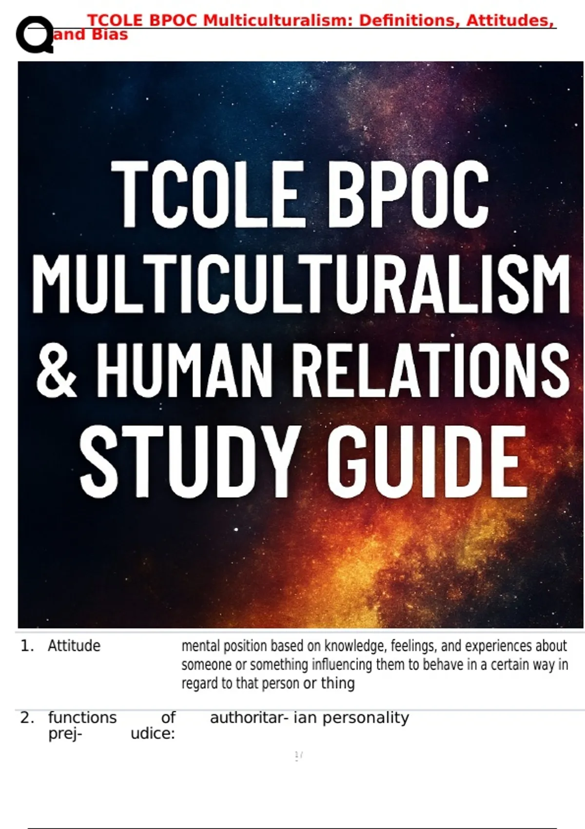 TCOLE BPOC Multiculturalism: Definitions, Attitudes, and Bias - BPOC - Stuvia US