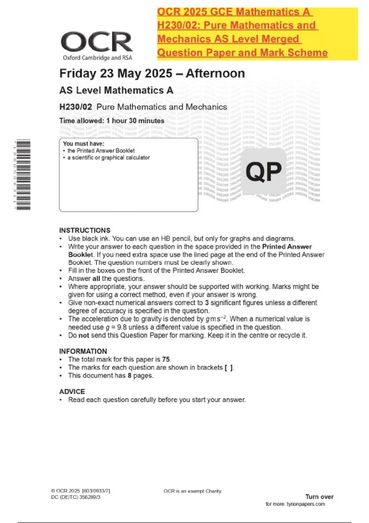 OCR 2025 GCE Mathematics A H230/02: Pure Mathematics and Mechanics ASLevel Merged Question Paper ...