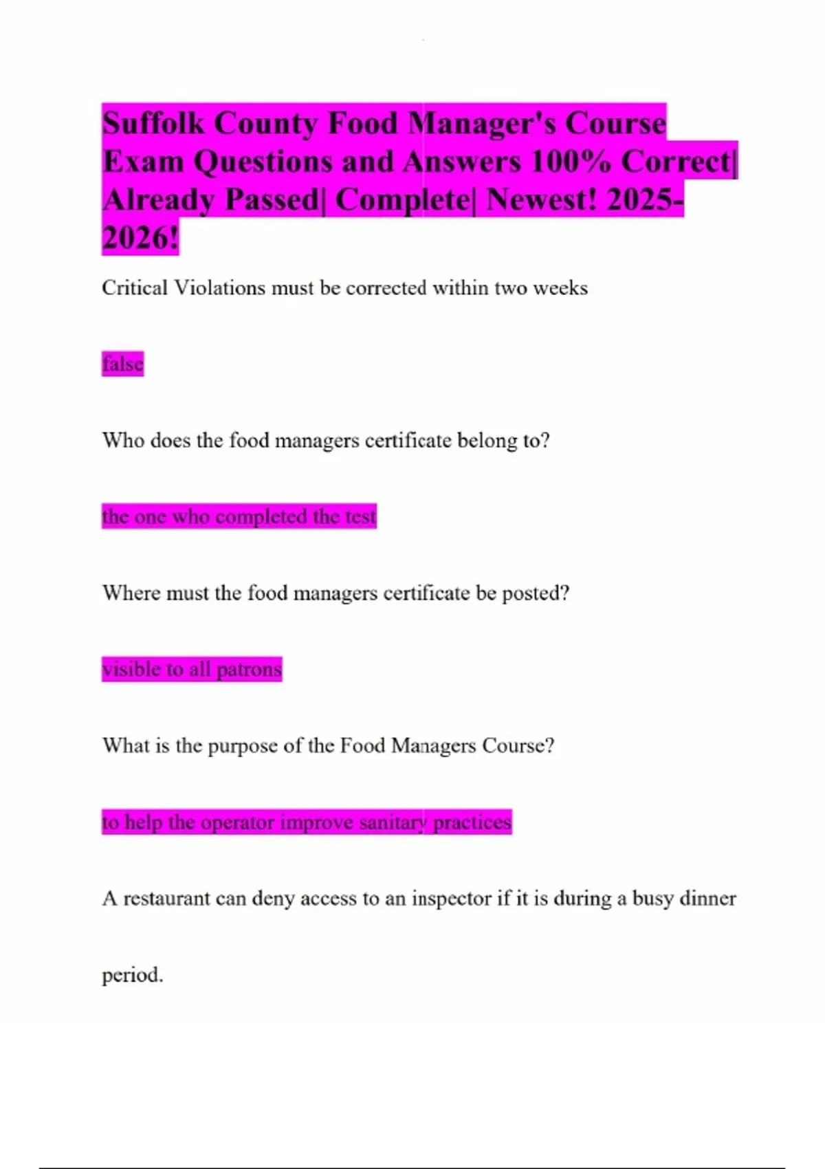Suffolk County Food Manager's Course Exam Questions and Answers 100% ...