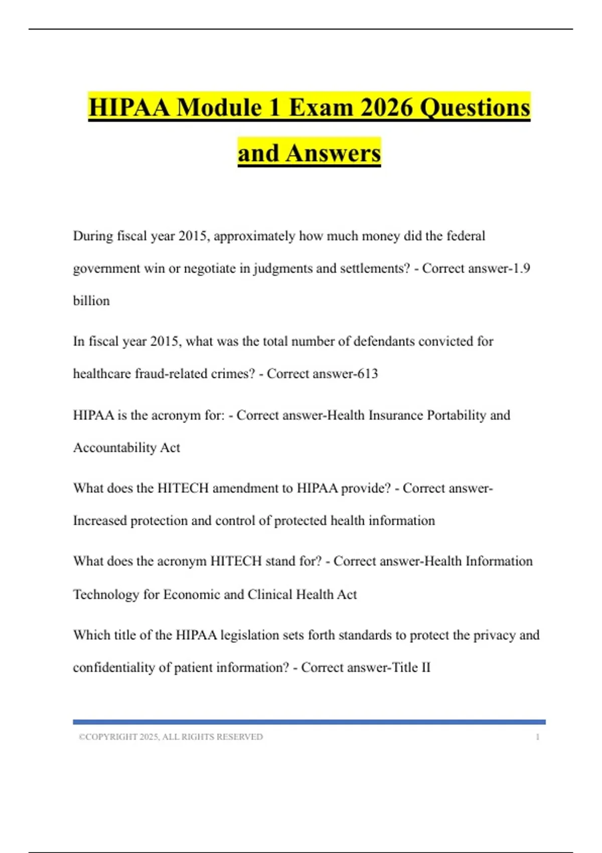 HIPAA Module 1 Exam 2026 Questions and Answers - HIPAA - Stuvia US