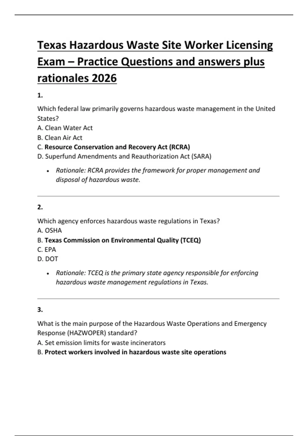 Texas Hazardous Waste Site Worker Licensing Exam – Practice Questions ...