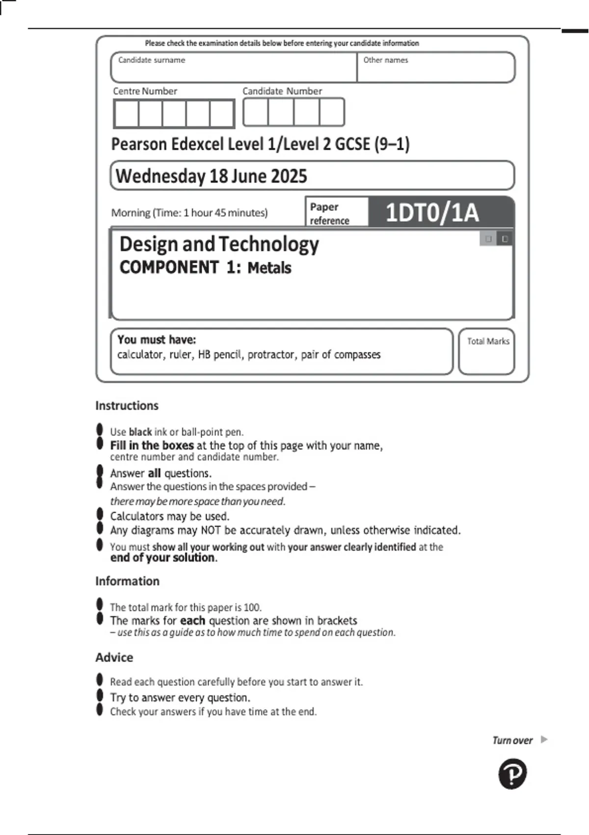 2025 Pearson Edexcel GCSE Design Technology Paper 1A: Metals QUESTION ...