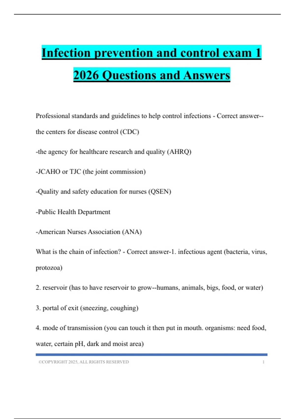 Infection prevention and control exam 1 2026 Questions and Answers ...
