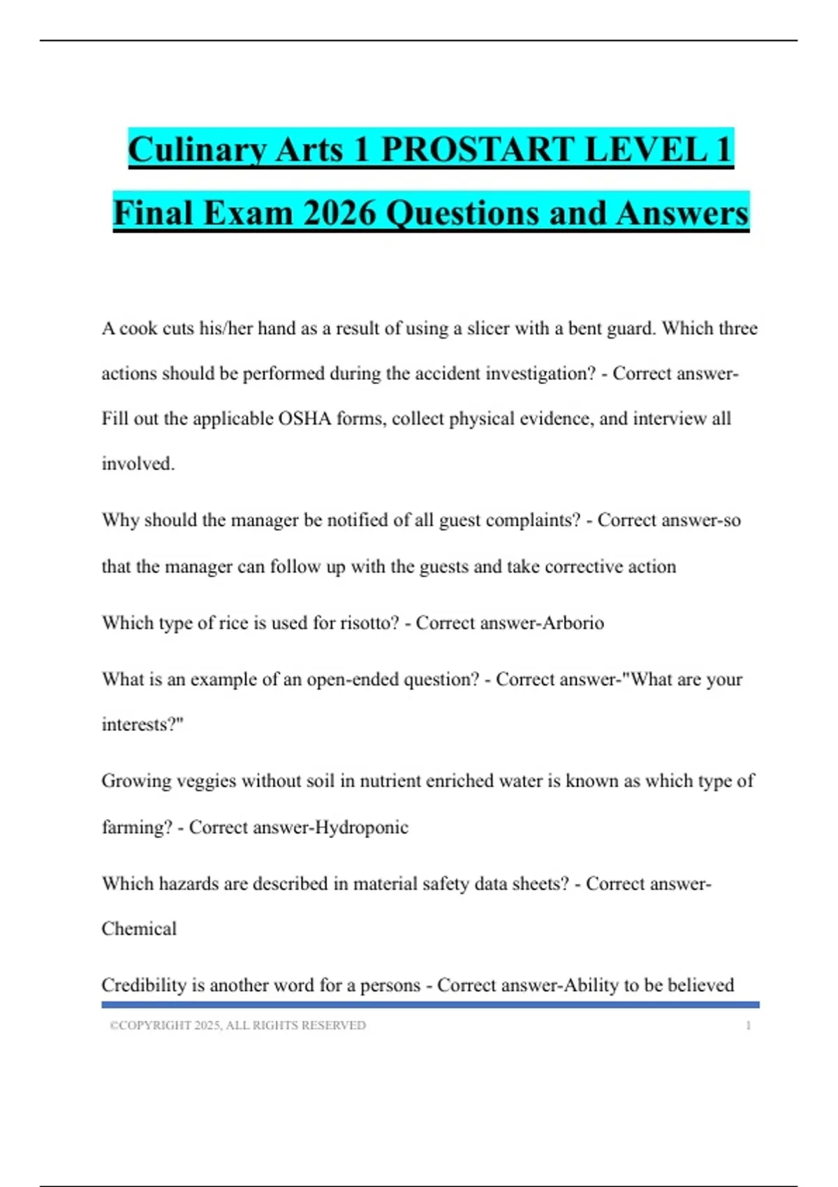 Culinary Arts 1 PROSTART LEVEL 1 Final Exam 2026 Questions and Answers ...