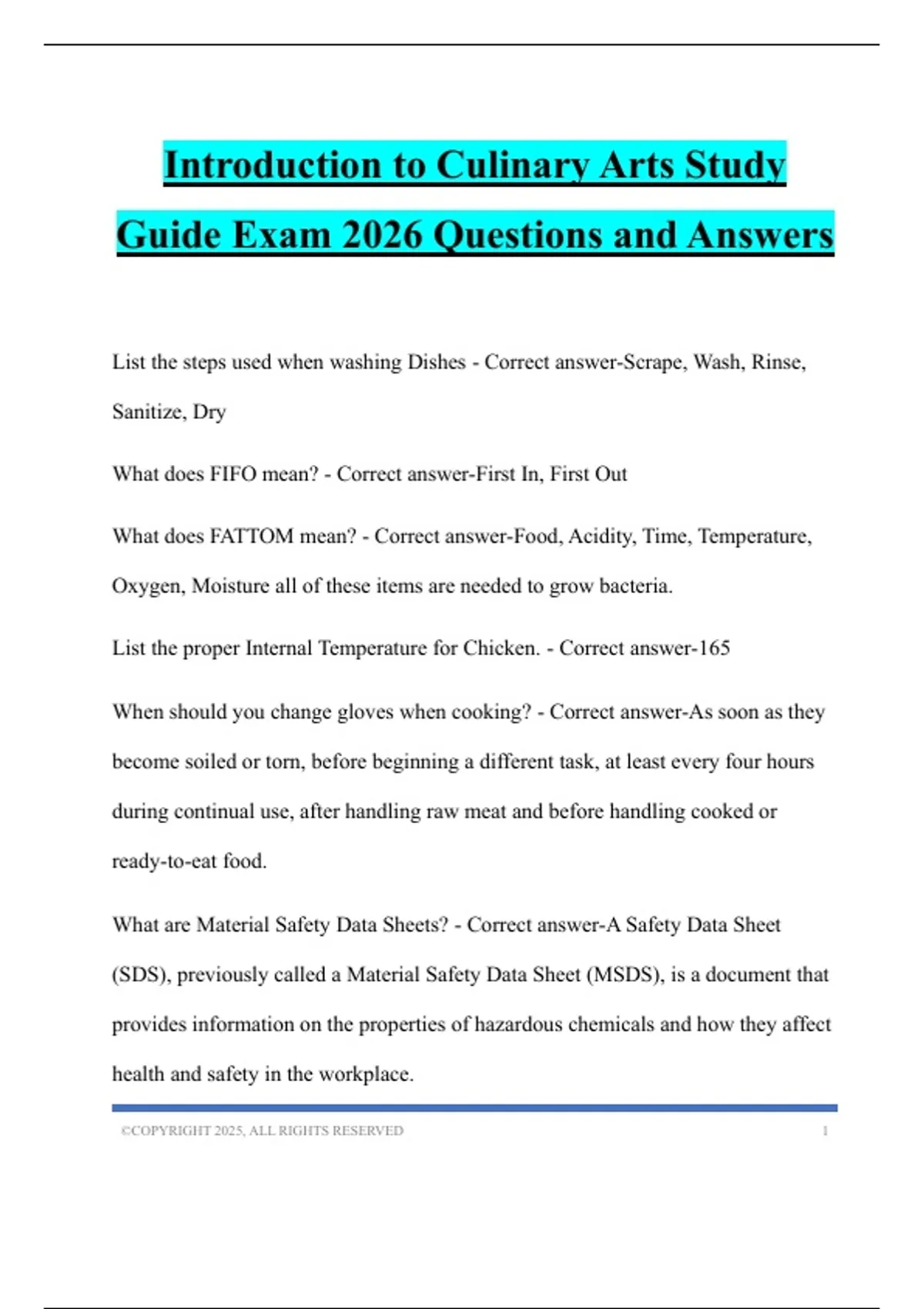 Introduction to Culinary Arts Study Guide Exam 2026 Questions and ...