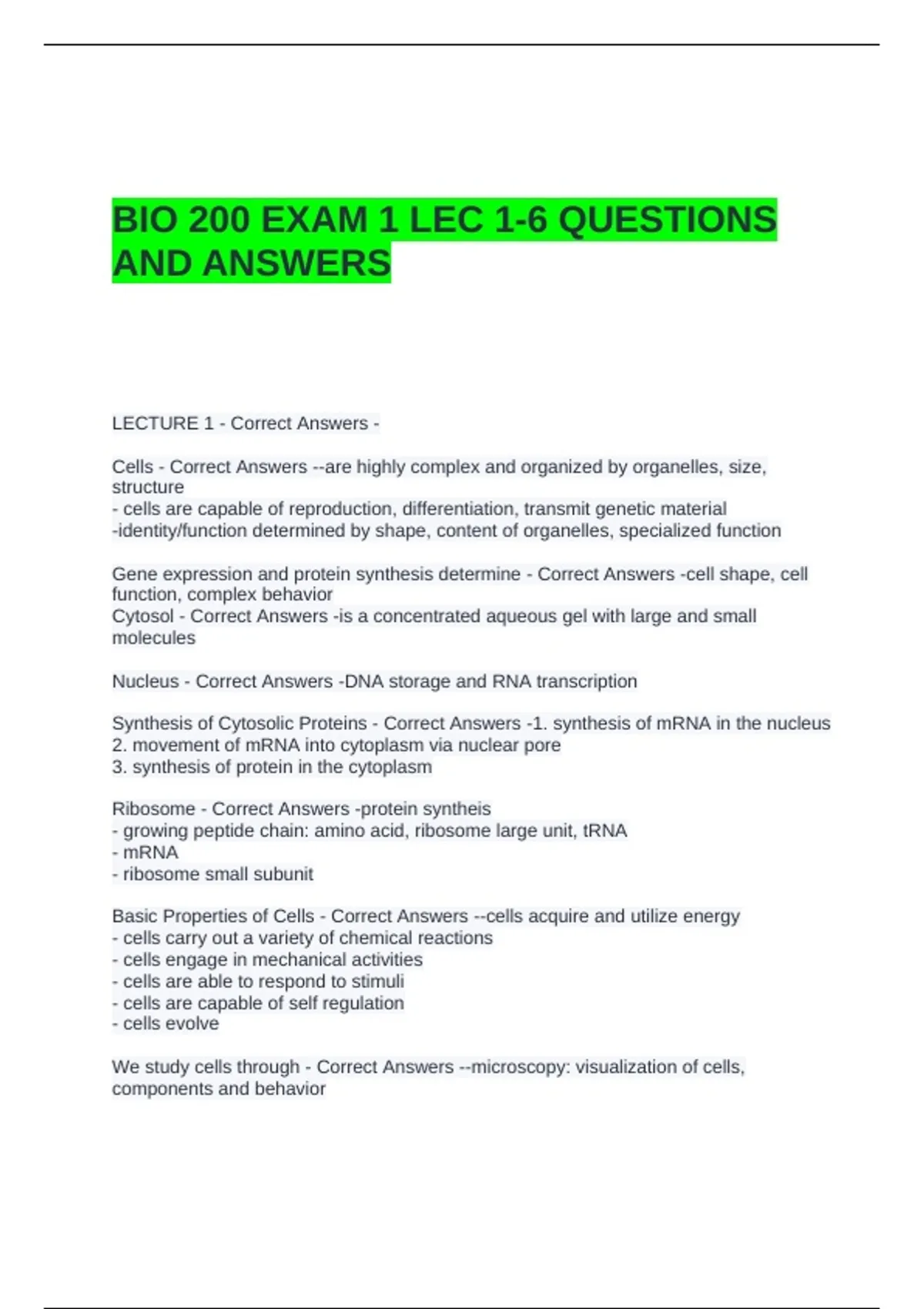 BIO 200 EXAM 1 LEC 1-6 QUESTIONS AND ANSWERS (GRADED A) - BIO 200 ...