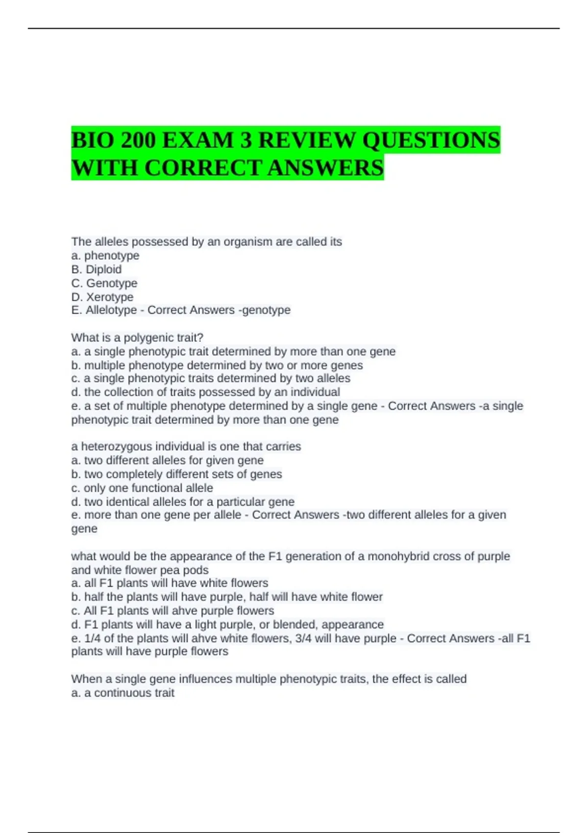 BIO 200 EXAM 3 REVIEW QUESTIONS WITH CORRECT ANSWERS - BIO 200 - Stuvia US