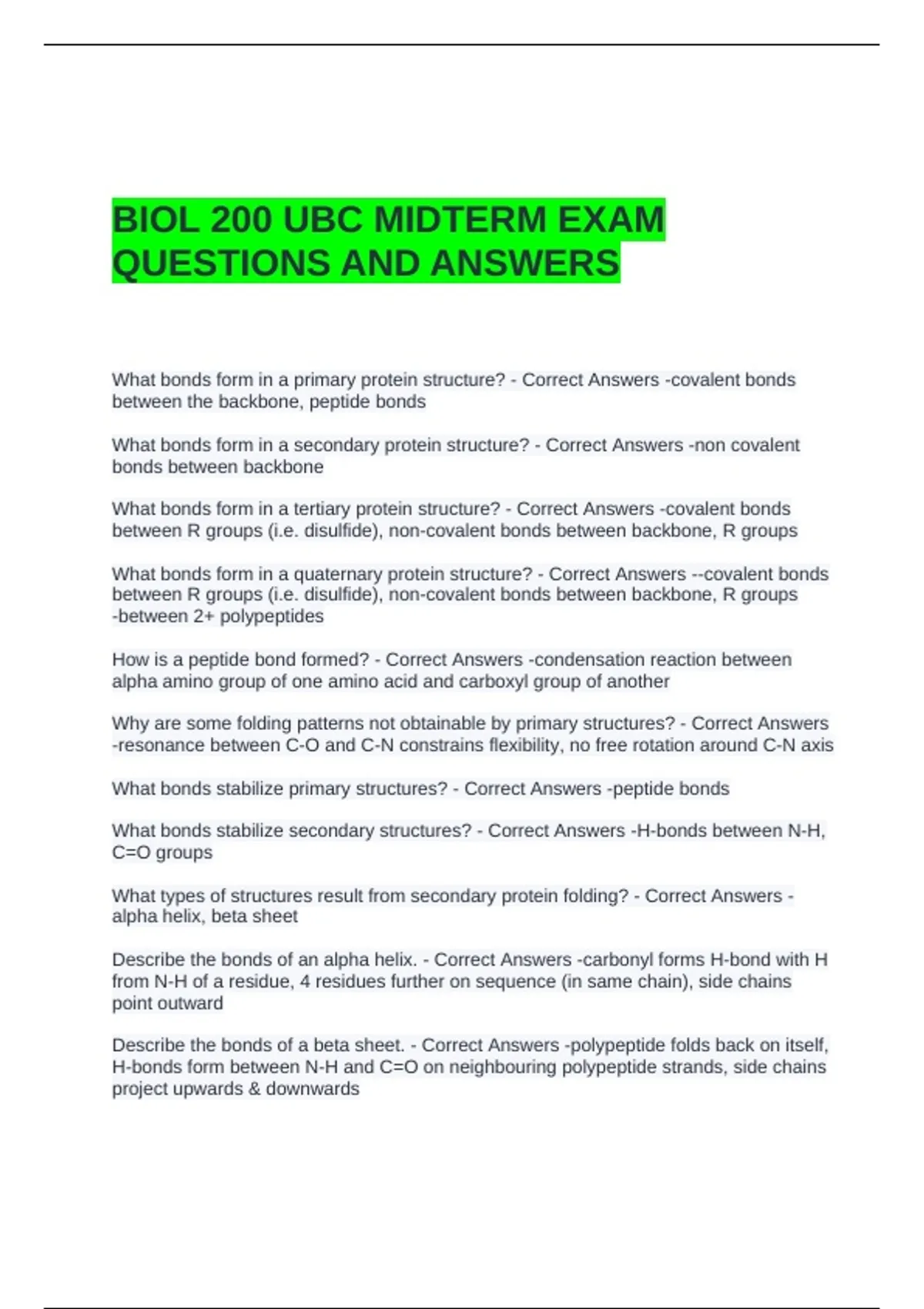 BIOL 200 UBC MIDTERM EXAM QUESTIONS AND ANSWERS - BIO 200 - Stuvia US