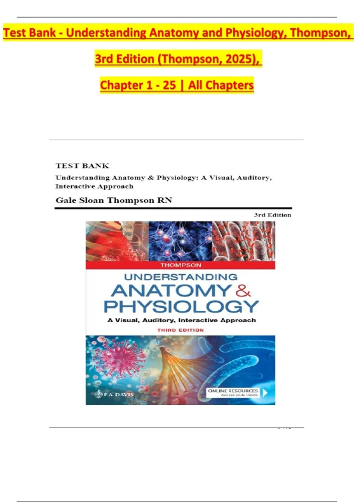 Test Bank - Understanding Anatomy and Physiology, Thompson, 3rd Edition ...