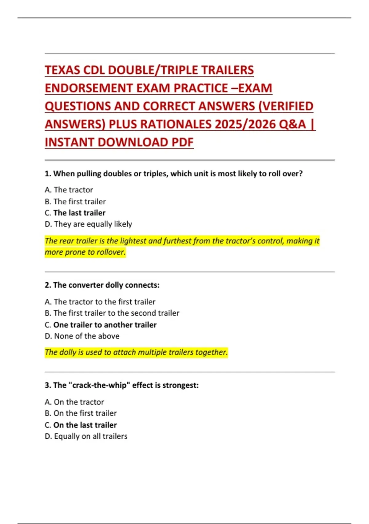 TEXAS CDL DOUBLE/TRIPLE TRAILERS ENDORSEMENT EXAM PRACTICE –EXAM ...