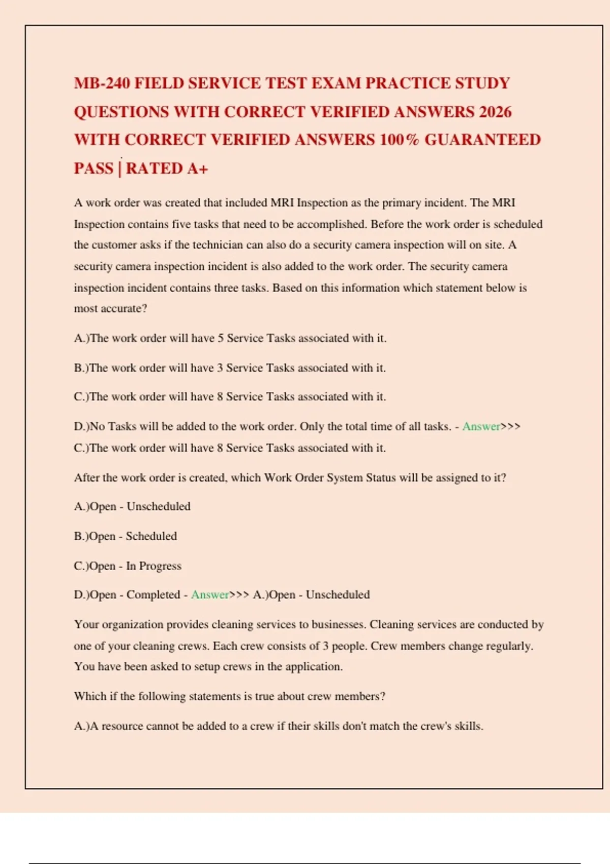 MB-240 FIELD SERVICE TEST EXAM PRACTICE STUDY QUESTIONS WITH CORRECT ...