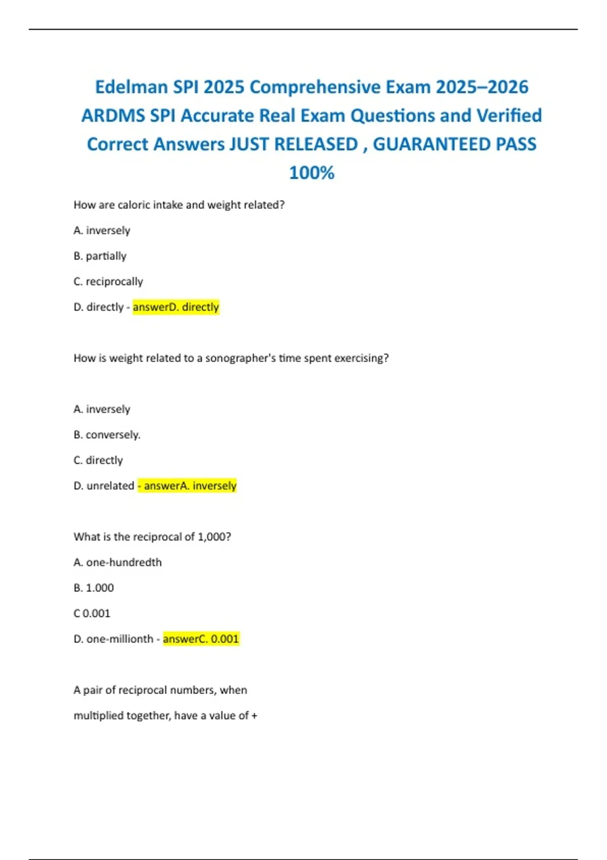 Edelman SPI 2025 Comprehensive Exam 2025–2026 ARDMS SPI Accurate Real ...
