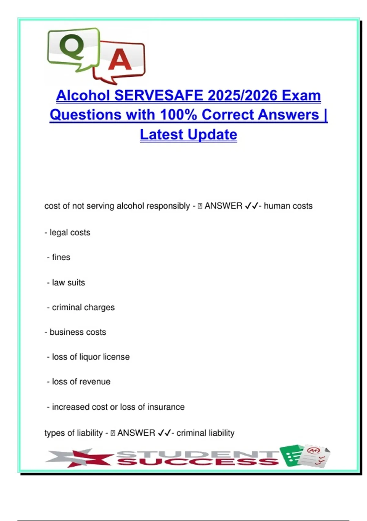 Alcohol SERVESAFE 2025/2026 | 45 Exam Questions with Correct Answers ...