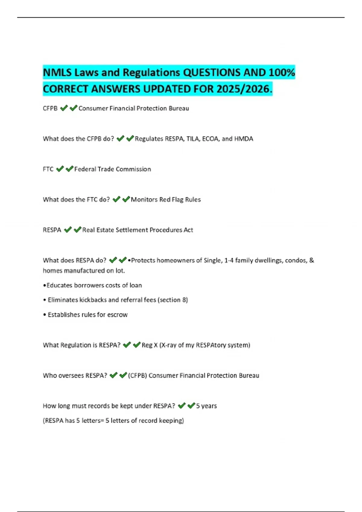 NMLS Laws and Regulations QUESTIONS AND 100% CORRECT ANSWERS UPDATED ...