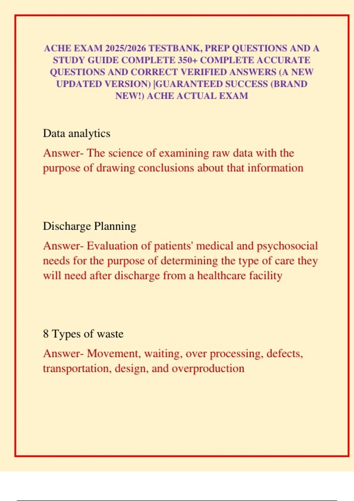 ACHE EXAM 2025/2026 TESTBANK, PREP QUESTIONS AND A STUDY GUIDE COMPLETE ...