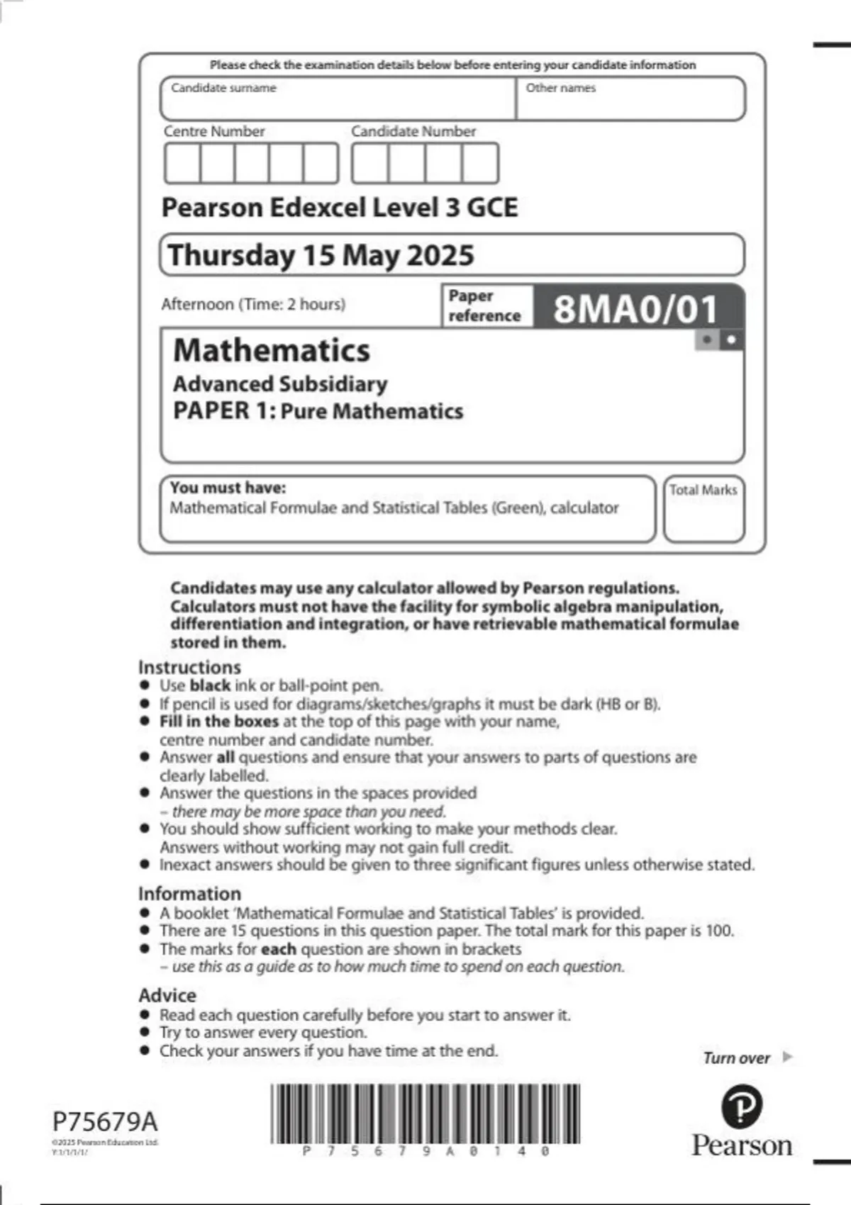Pearson Edexcel GCE AS Mathematics (8MA0) Paper 01 Pure Mathematics ...