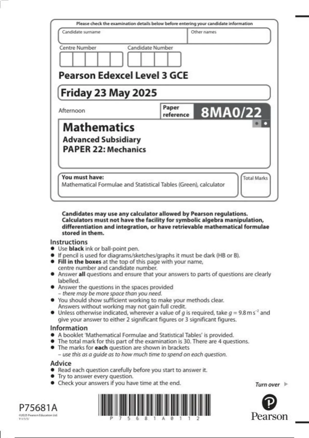Pearson Edexcel GCE AS Mathematics (8MA0) Paper 22 Mechanics Question ...