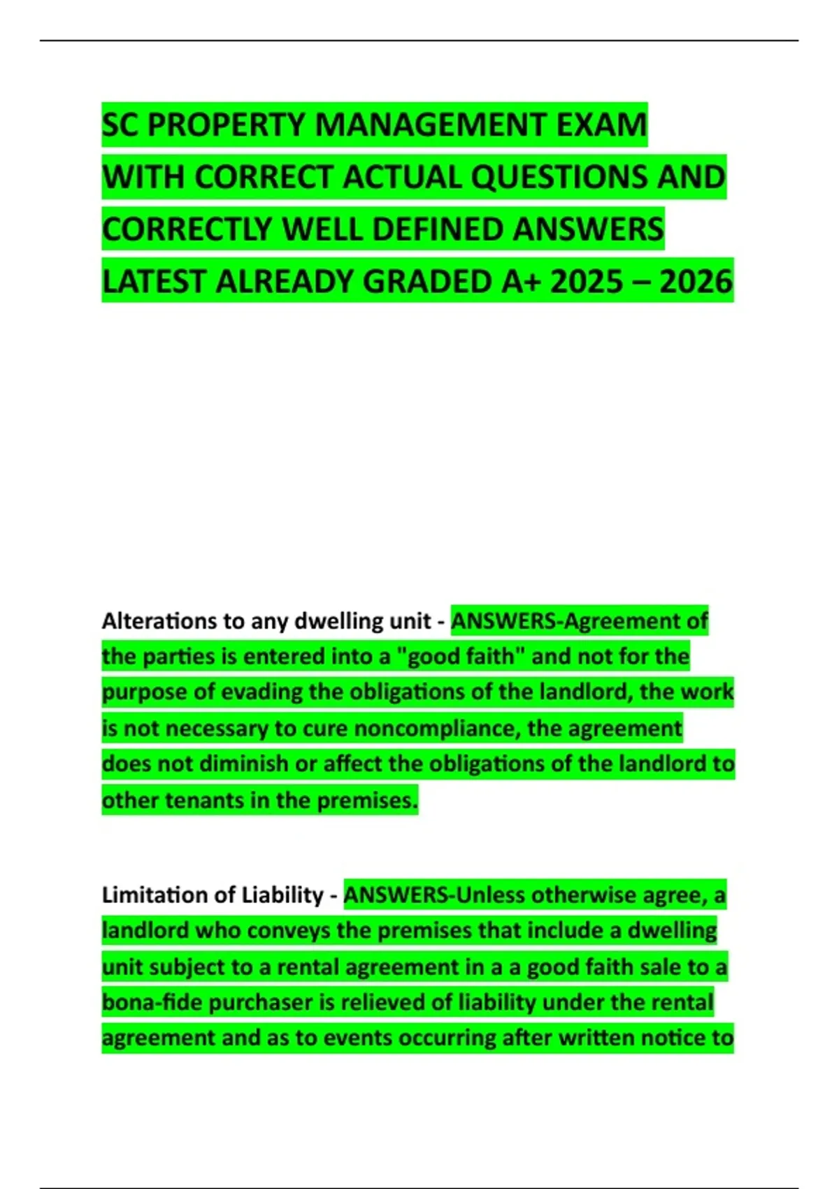 SC PROPERTY MANAGEMENT EXAM WITH CORRECT ACTUAL QUESTIONS AND CORRECTLY ...