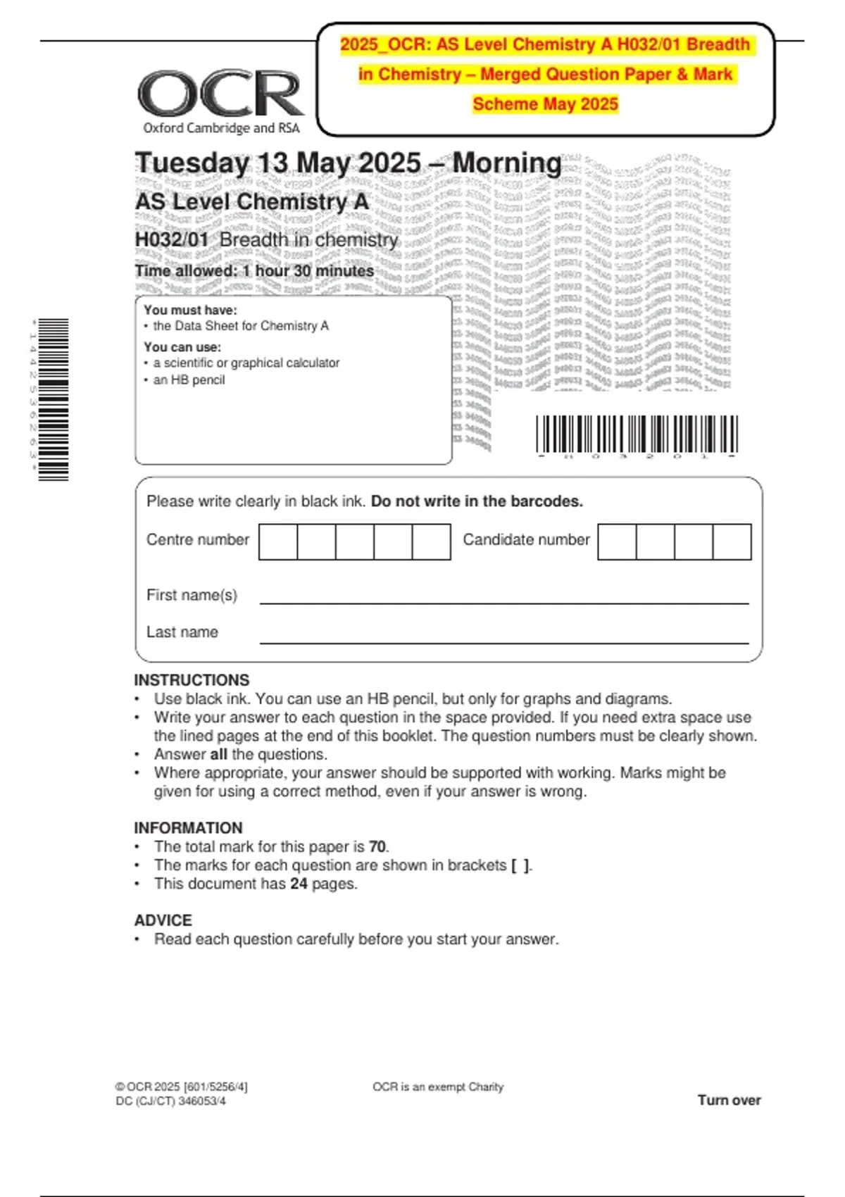 2025_OCR: AS Level Chemistry A H032/01 Breadth in Chemistry – Merged ...