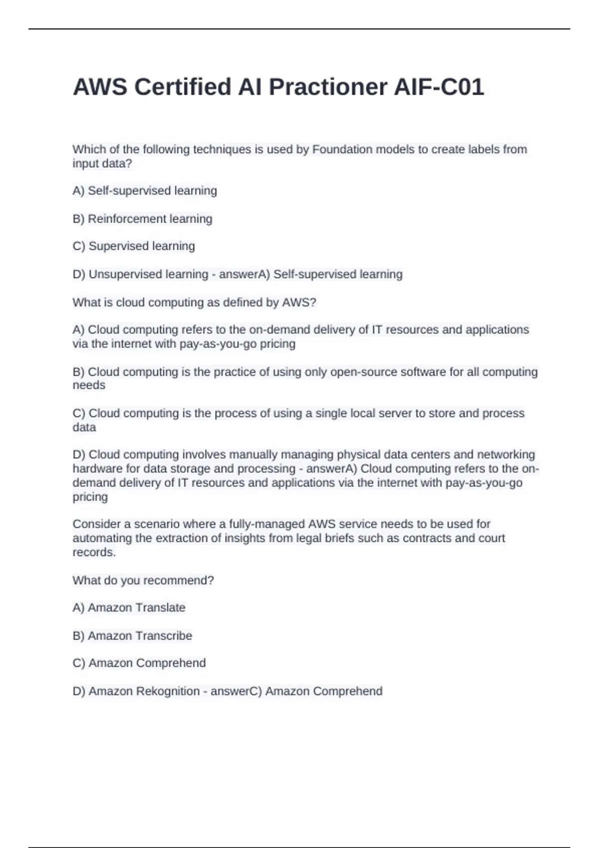 AWS Certified AI Practioner AIF-C01 Questions with Correct Answers ...