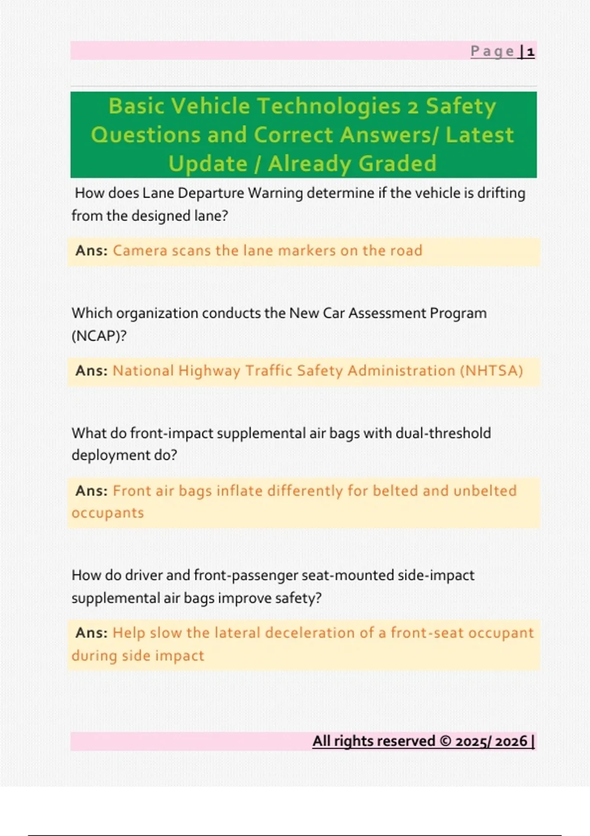 Basic Vehicle Technologies 2 Safety Questions and Correct Answers ...