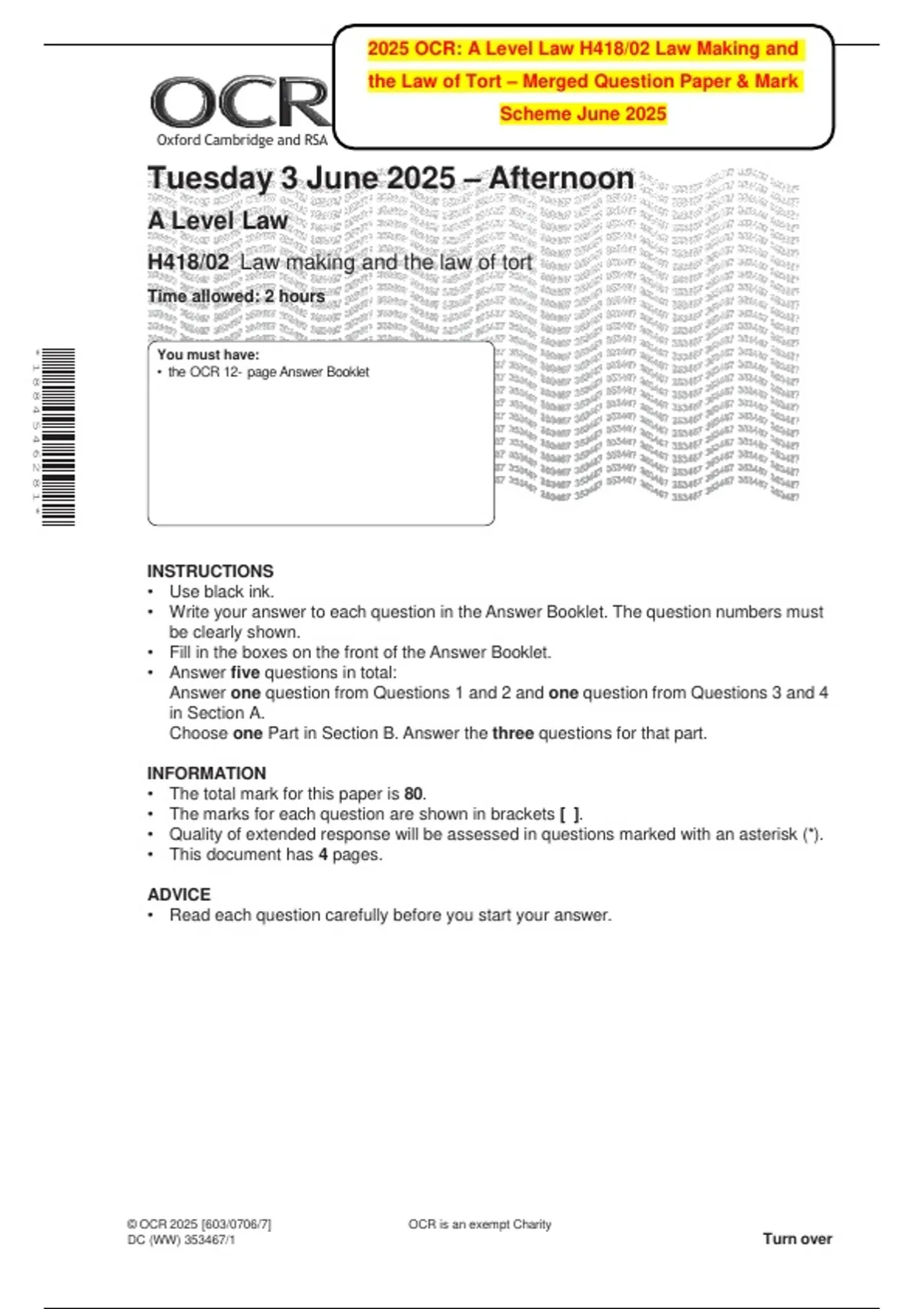 2025 OCR: A Level Law H418/02 Law Making and the Law of Tort – Merged ...