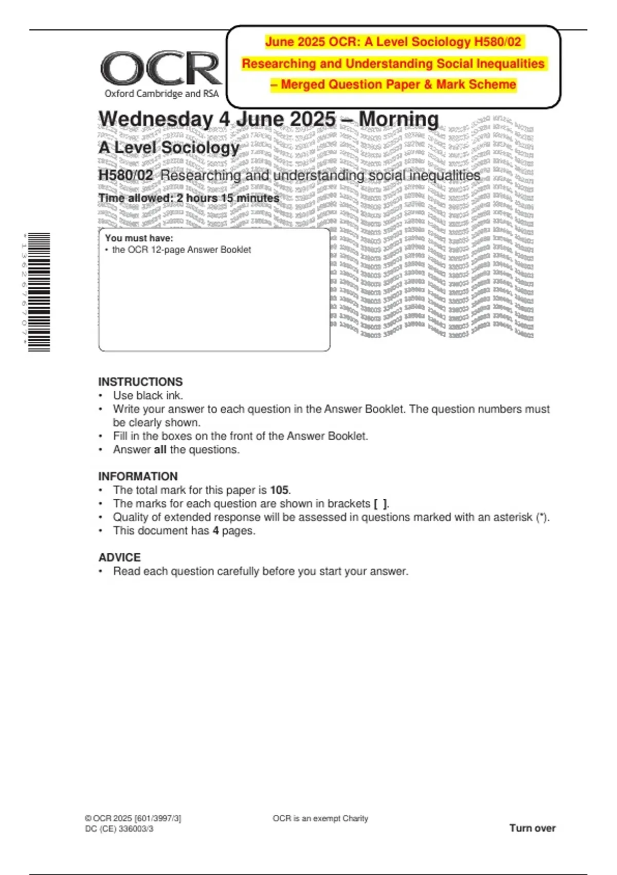 June 2025 OCR: A Level Sociology H580/02 Researching and Understanding Social Inequalities ...