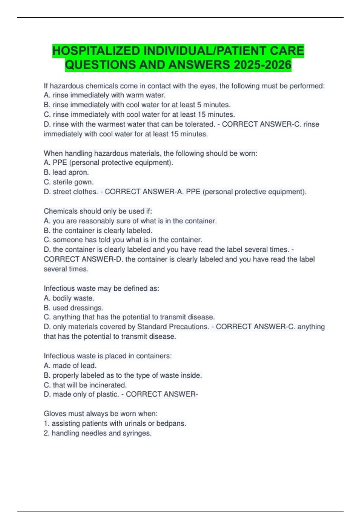 Hospitalized Individual/Patient Care questions and answers ...