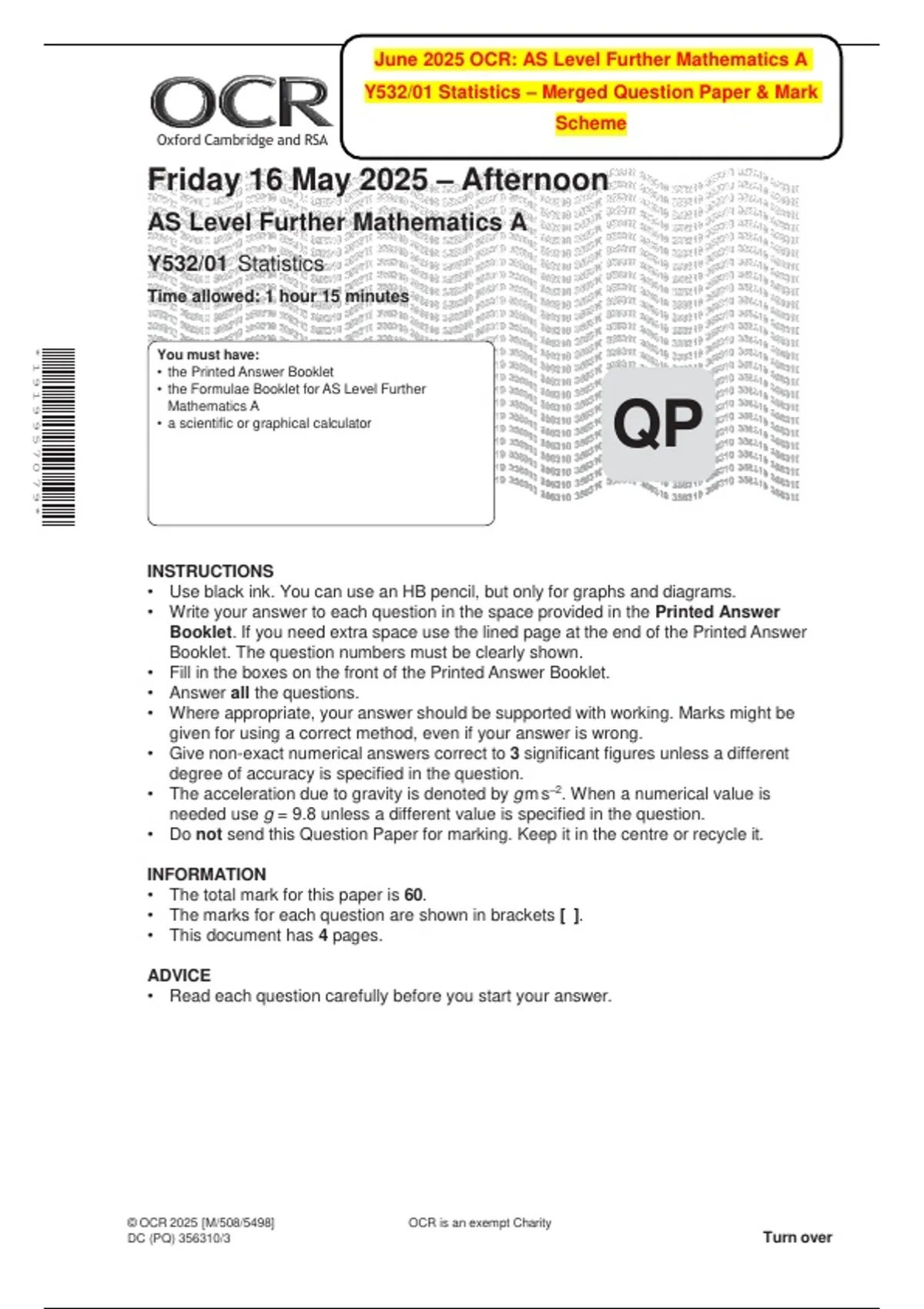 June 2025 OCR: AS Level Further Mathematics A Y532/01 Statistics ...